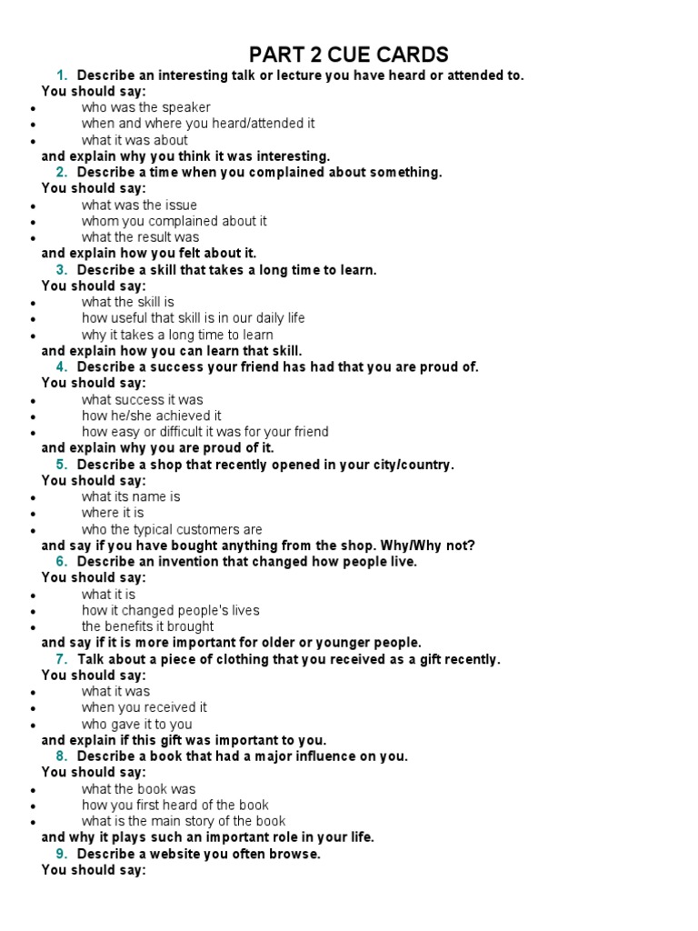 Part 2 Cue Cards | PDF