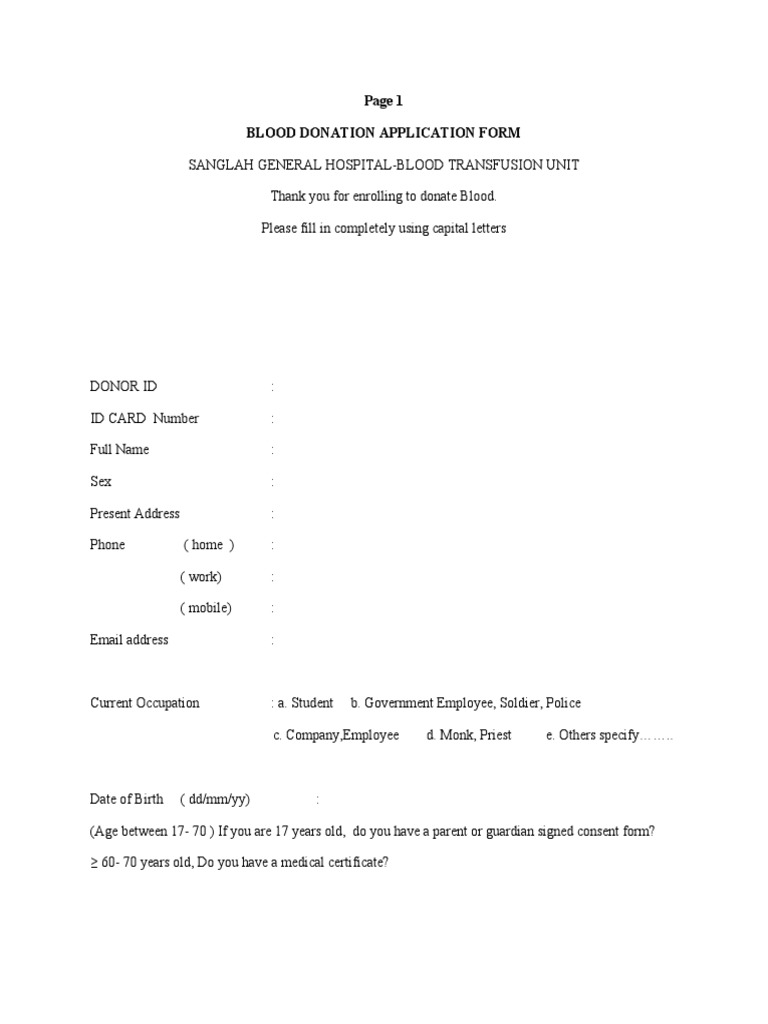 Blood Donation Application Form | PDF | Blood Donation | Medicine