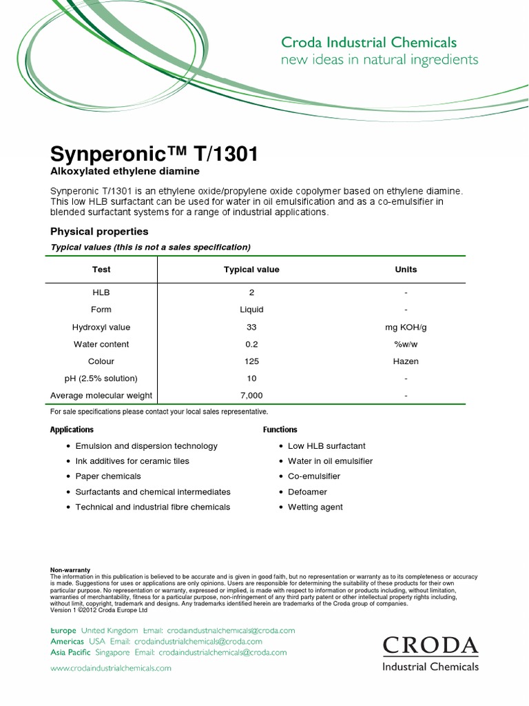 Synperonic-T-1301 Tds | PDF | Emulsion | Surfactant