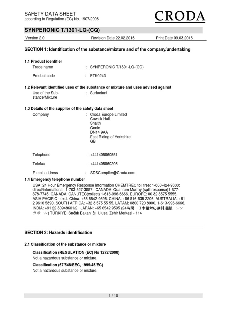 Synperonic T 1301 Msds | PDF | Toxicity | Solubility