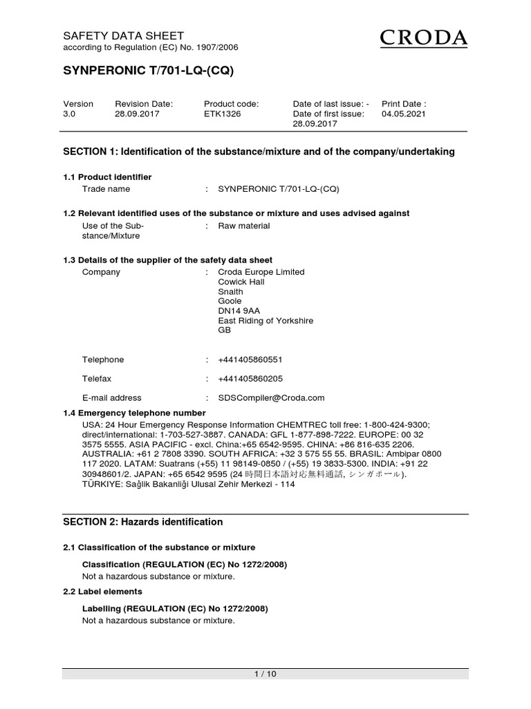 Synperonic T 701 Msds | PDF | Dangerous Goods | Toxicity