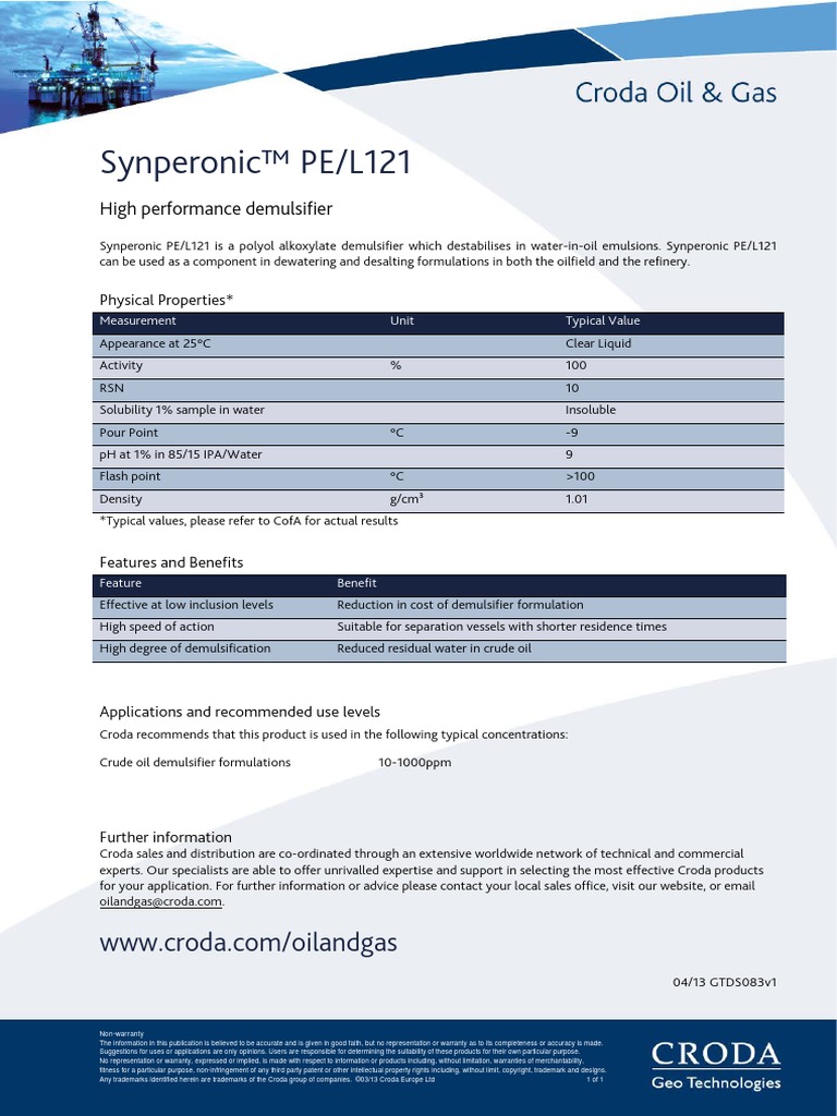 Synperonic PEL121 Tds | PDF | Emulsion | Physical Sciences