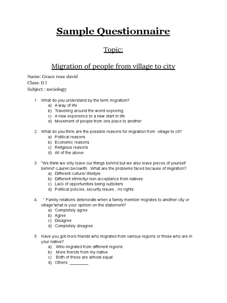 Sample Questionnaire: Topic: Migration of People From Village To City ...