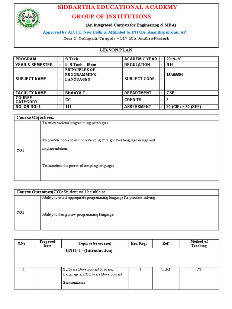 Lesson Plan: Approved by AICTE, New Delhi & Affiliated To JNTUA ...
