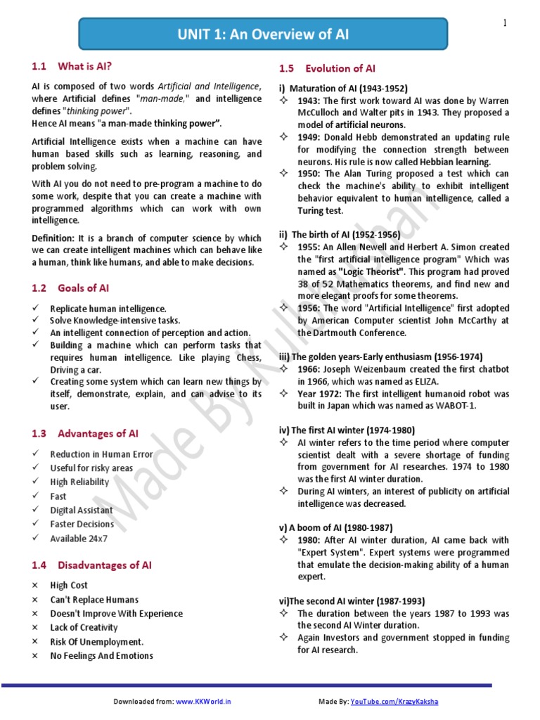 Ai Unit 1 An Overview To Ai By Kulbhushan Krazy Kaksha Kk World