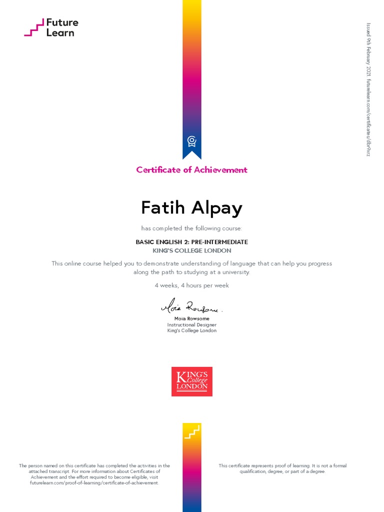Fatih Alpay: Certificate of Achievement | PDF | Educational Technology ...
