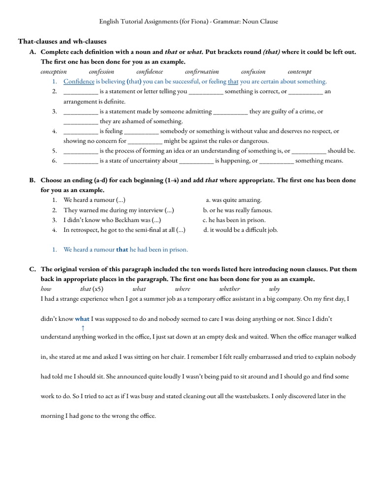 English Tutorial Assignments (For Fiona) - Grammar - Noun Clause | PDF ...