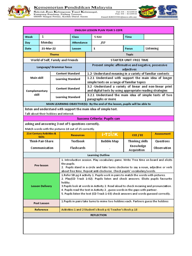English Lesson Plan Year 5 Cefr | PDF | Vocabulary | Lesson Plan