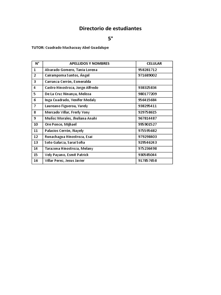 Directorio de Estudiantes 5 GRADO | PDF