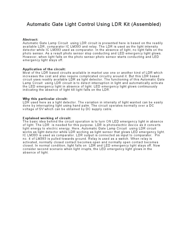Automatic Gate Light Control Using LDR Kit | PDF | Printed Circuit ...