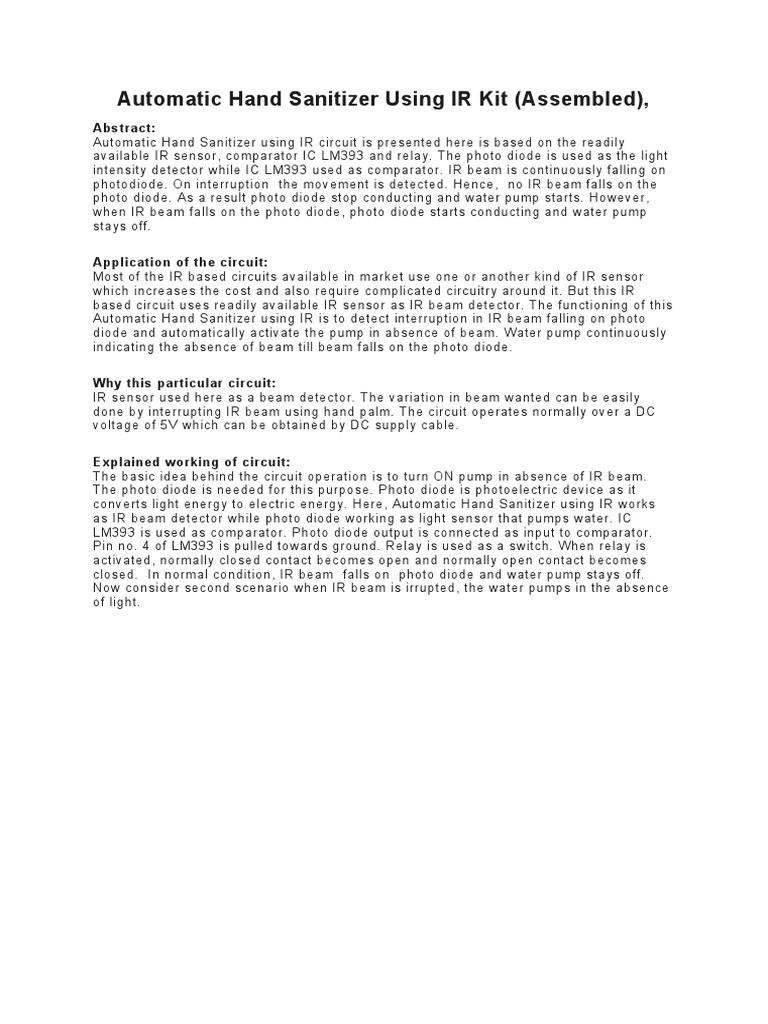 Automatic Hand Sanitizer Using IR Kit | PDF | Printed Circuit Board | Diode