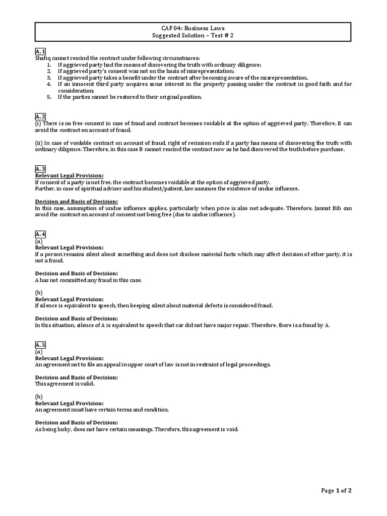 Test 2 - Suggested Solution | PDF | Misrepresentation | Legal Concepts Test 2 - Suggested Solution | PDF | Misrepresentation | Legal Concepts