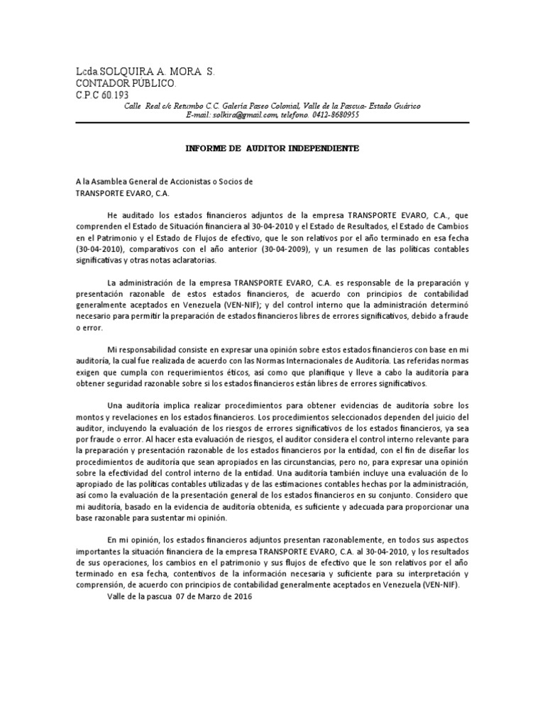 Informe Del Auditor Independiente Nia 700 | PDF | Auditoría | Estado financiero