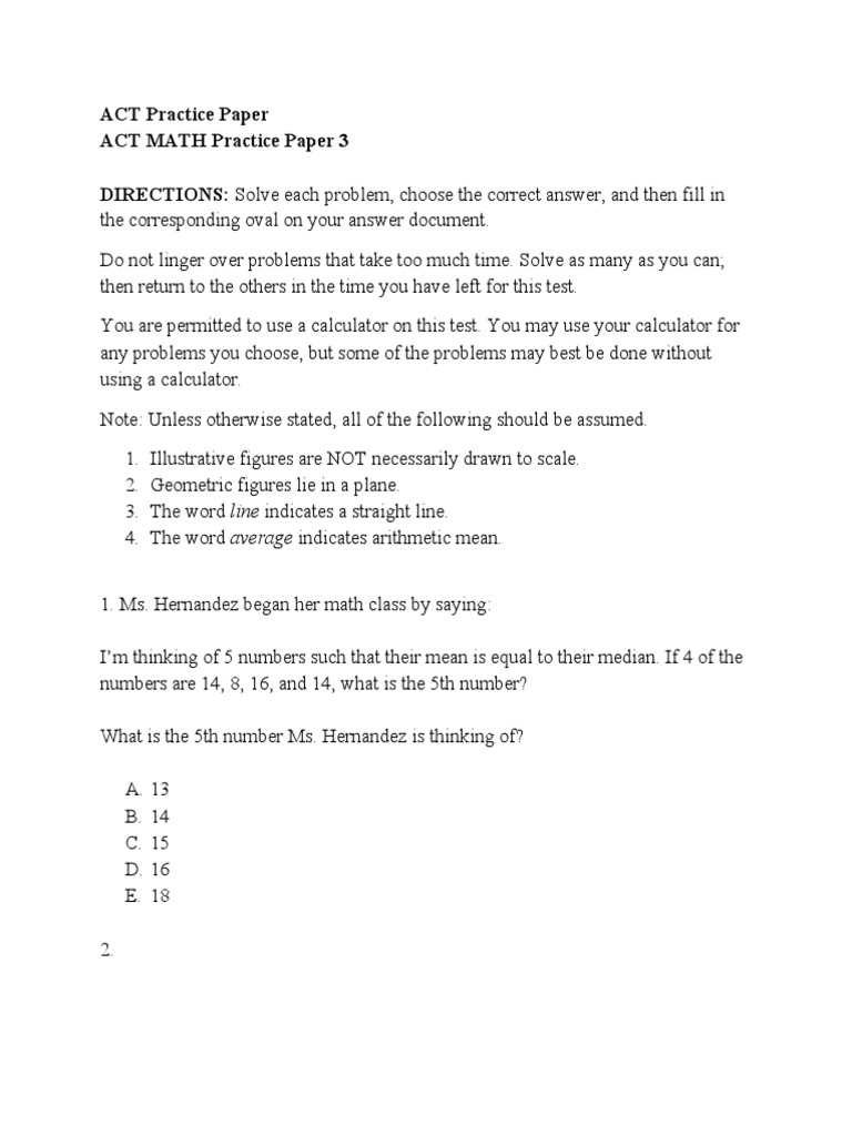 ACT MATH Practice Paper 3 | PDF | Mathematics | Geometry