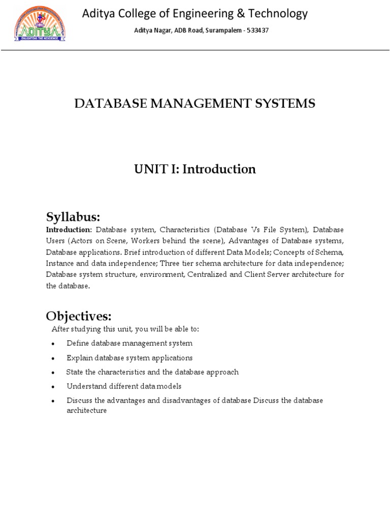 DBMS (R20) Unit - 1 | PDF | Databases | Relational Database DBMS (R20) Unit - 1 | PDF | Databases | Relational Database