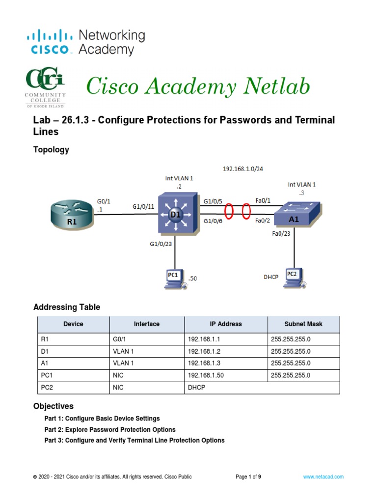 26.1.3 Lab - Netlab - Configure Protections For Passwords and Terminal Lines | PDF