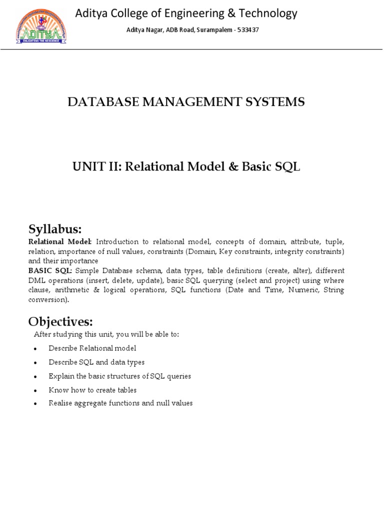 DBMS (R20) Unit - 2 | PDF | Relational Database | Relational Model DBMS (R20) Unit - 2 | PDF | Relational Database | Relational Model