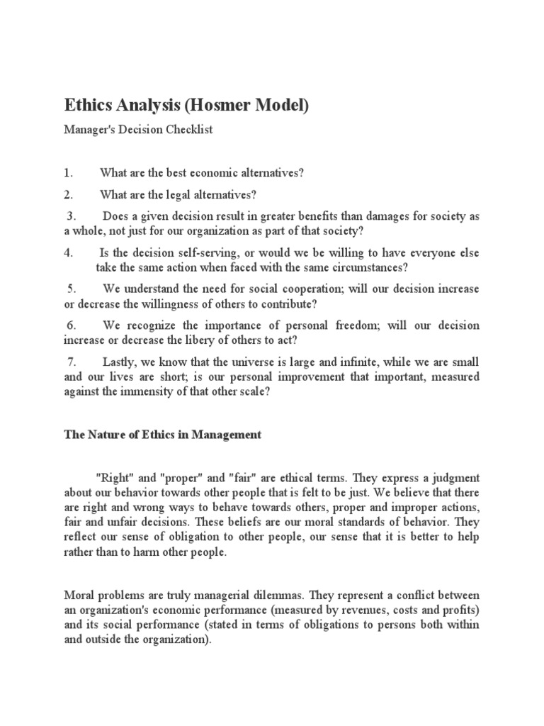 Ethics Analysis (Hosmer Model) : The Nature of Ethics in Management ...