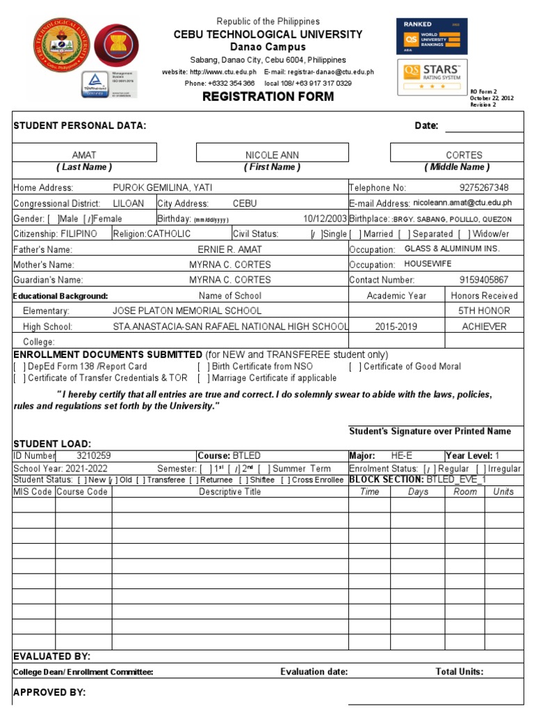 Form 2 Registration Form With New CTU Logo New LetterHead 2022 1 | PDF ...