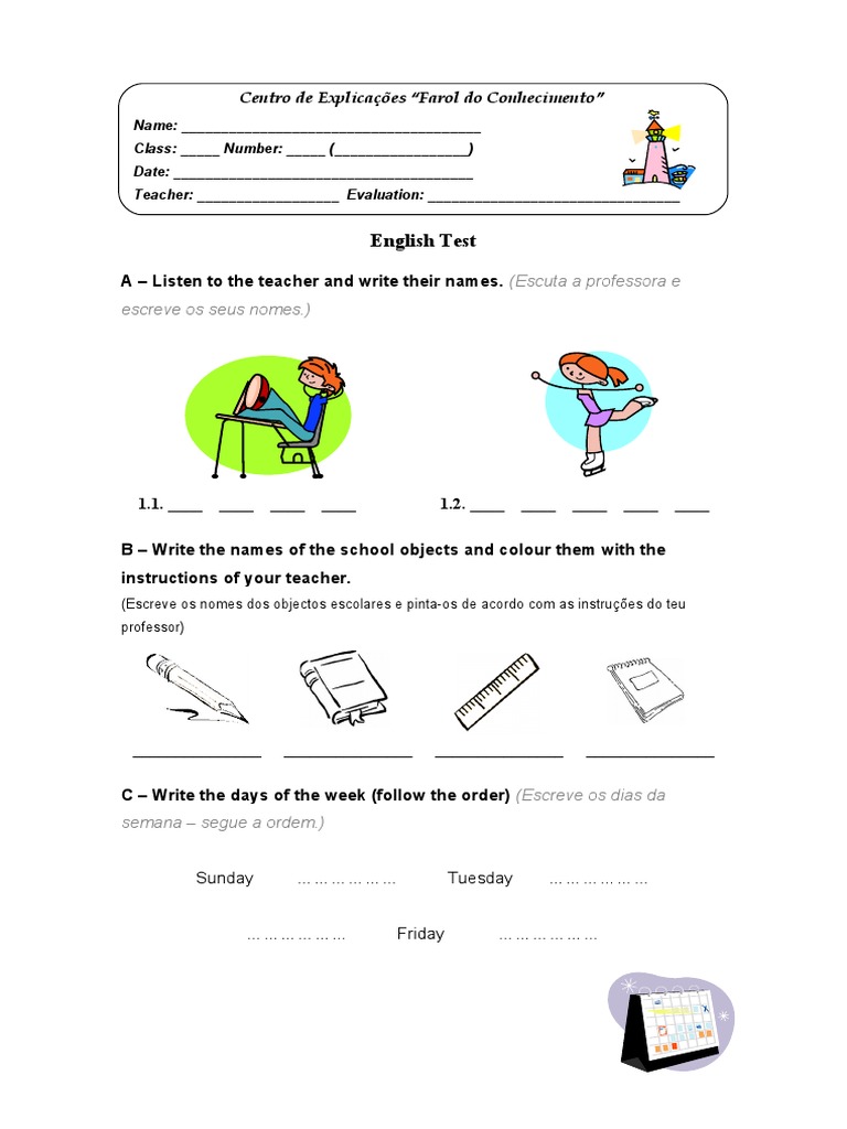 Teste de Inglês 5º Ano