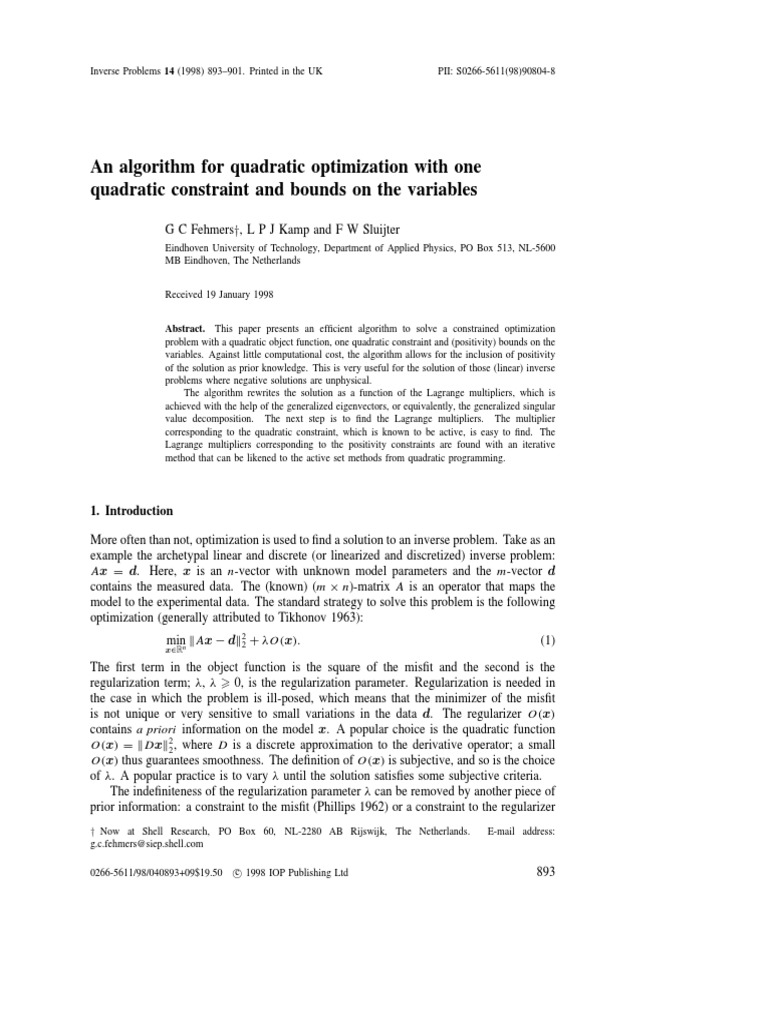An Algorithm For Quadratic Optimization With One Quadratic Constraint
