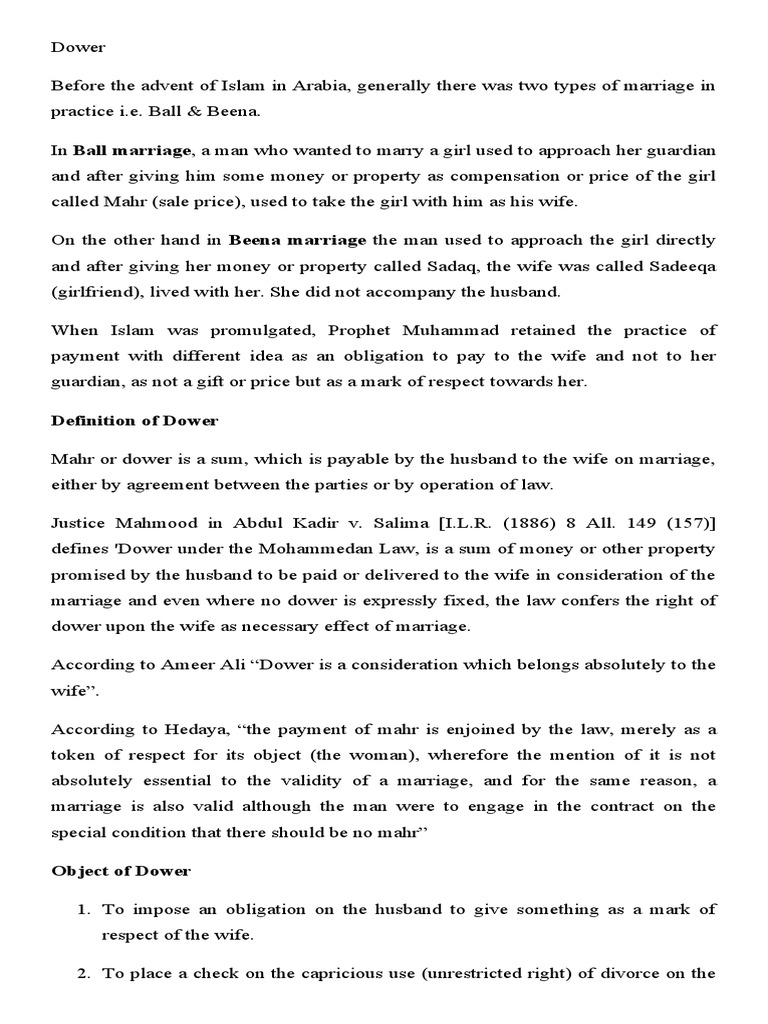 Dower Under Islamic Law: An Overview of Mahr, Its Types, Rights, and Remedies | PDF | Marriage ...
