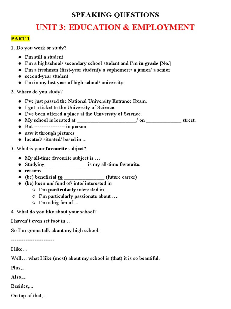 (Speaking) Unit 3. Education & Employment | PDF | Teachers