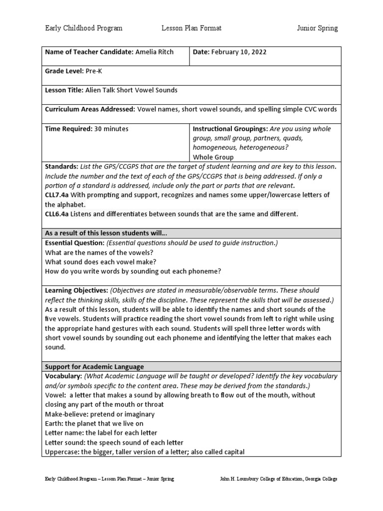 Short Vowel Prek Lesson Plan | Download Free PDF | Lesson Plan ...
