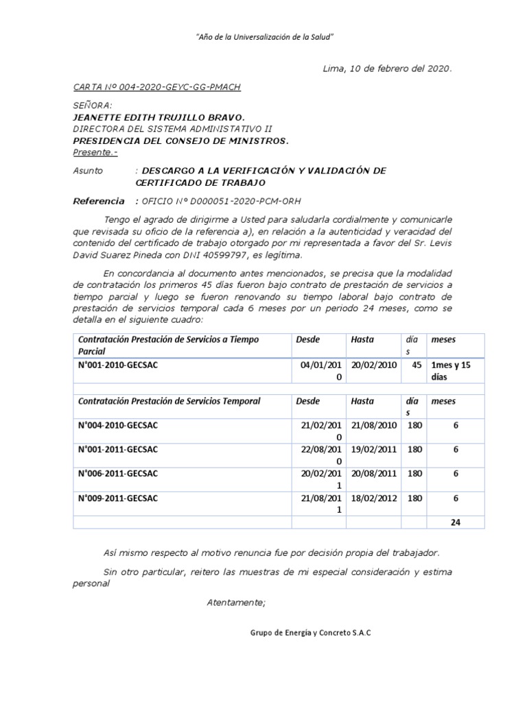 Descargo de Validación de Certificado de Trabajo Levis Suarez | PDF