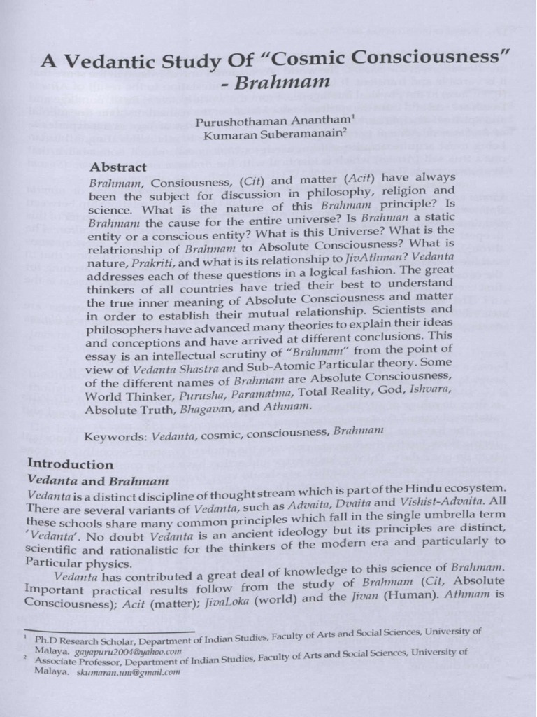 An Examination of Brahman, Absolute Consciousness, and the Cosmos from ...