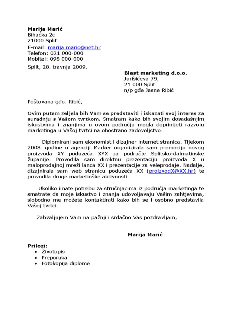 Primjer Molbe Bez Natjecaja | PDF