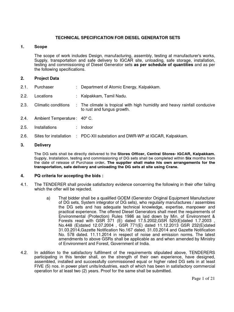Diesel Generator Set Technical Specifications | PDF | Diesel Engine ...
