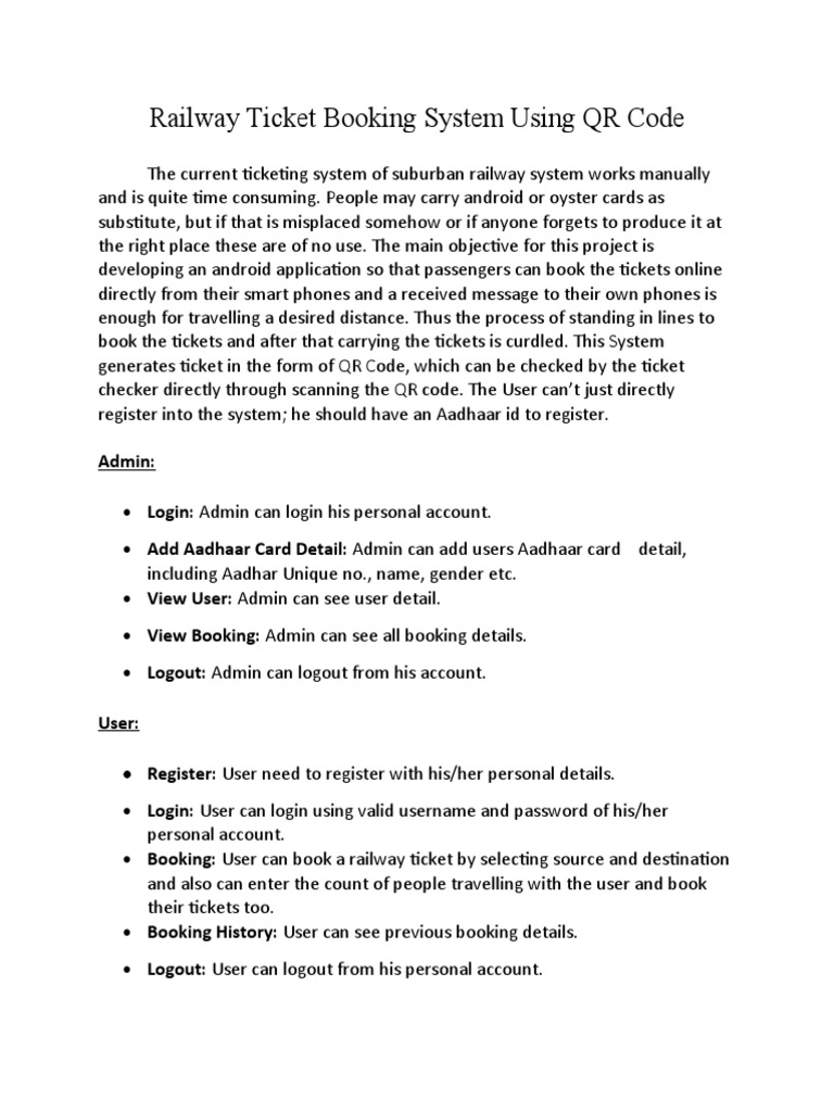 Railway Ticket Booking System Using QR Code: Admin | PDF | Qr Code | User (Computing)