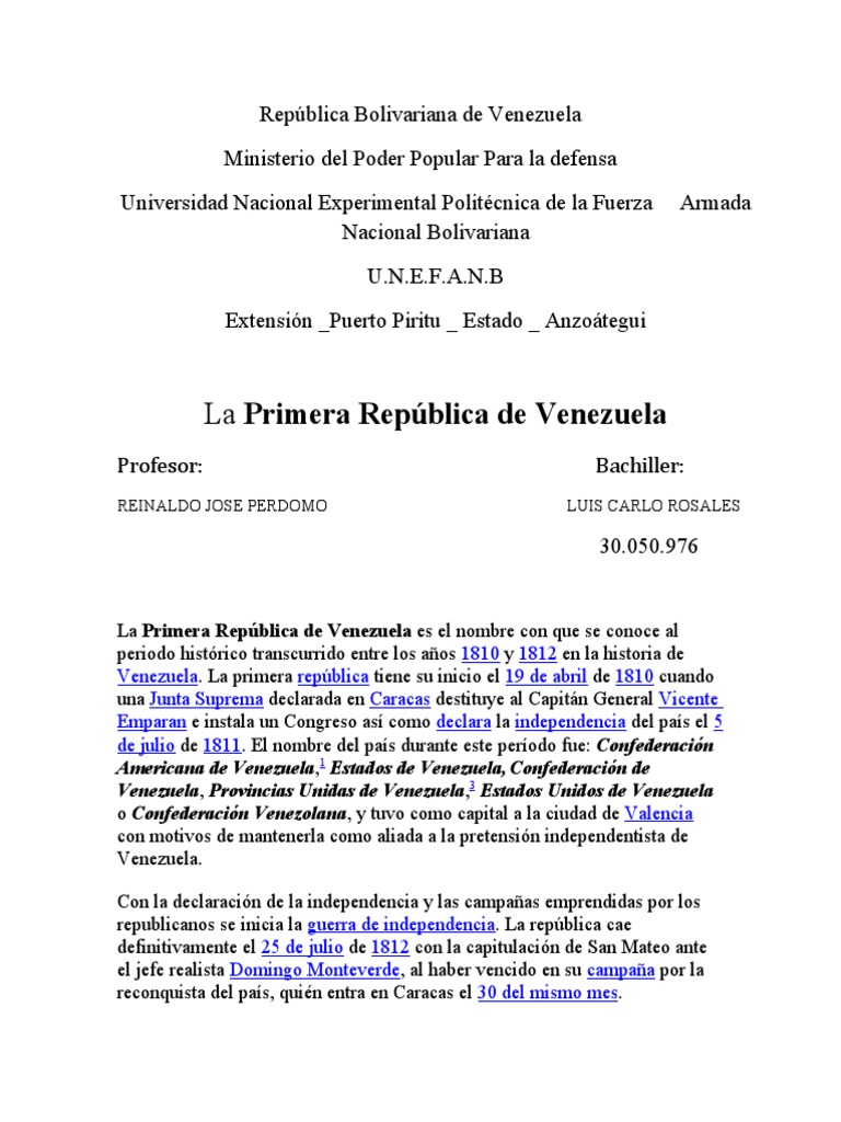 La Primera República de Venezuela (1810-1812) | PDF | Venezuela ...
