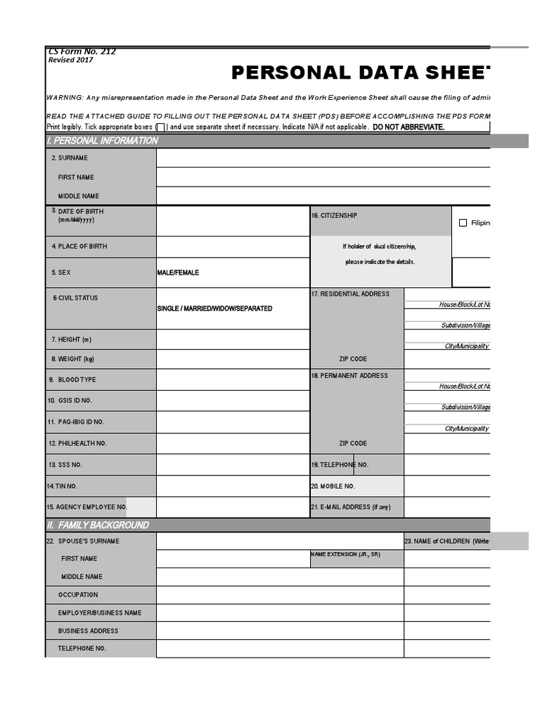 Personal Data Sheet (CSC Form 212) | PDF | Government | Social Institutions