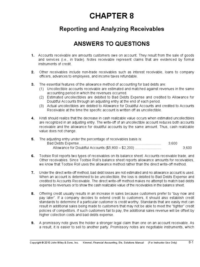 Reporting and Analyzing Receivables Answers To Questions | PDF | Bad ...