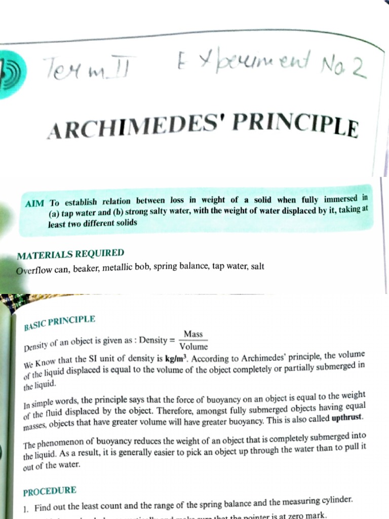 Term 2 Experiment No 2 Archimedes Principle | PDF | Buoyancy | Physical ...