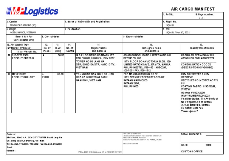 Air Cargo Manifest: 1 of 1 SQ0191 Singapore Airline (SQ) SQ0191 / Mar ...