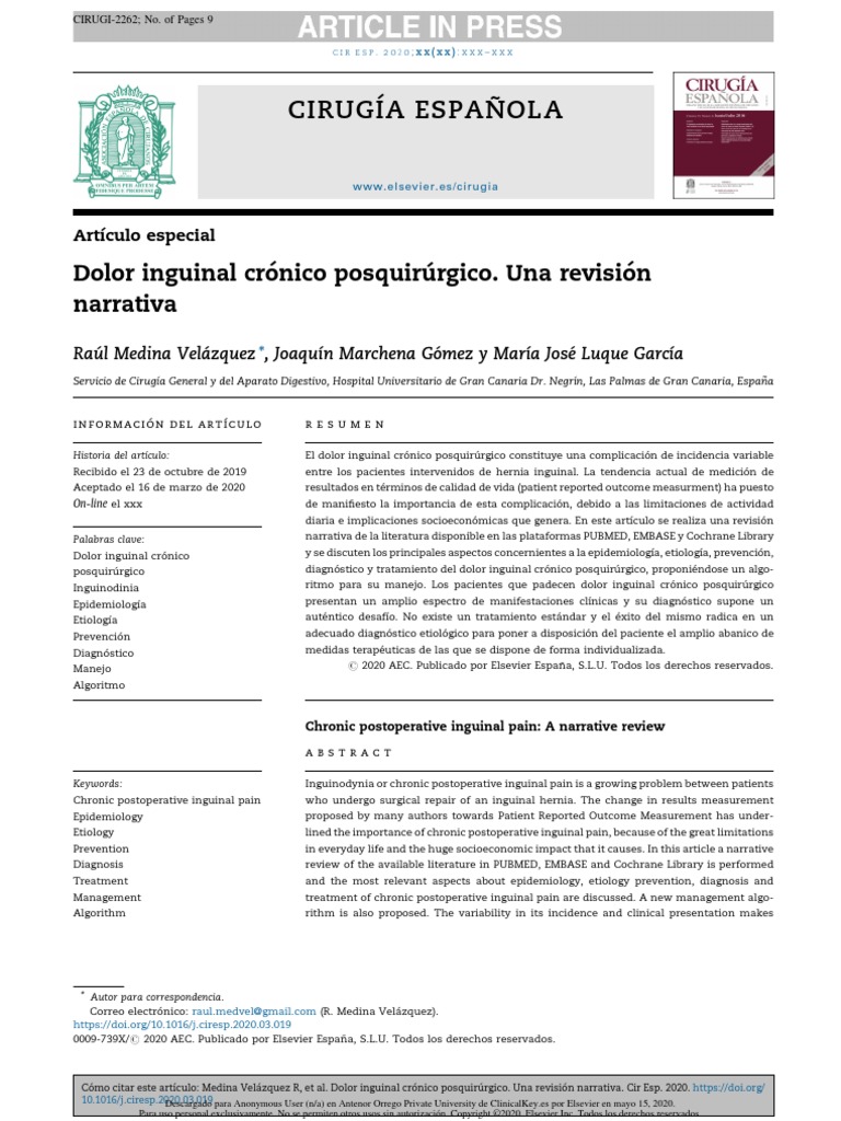 Dolor inguinal crónico posquirúrgico. | PDF | Dolor | Medicina CLINICA