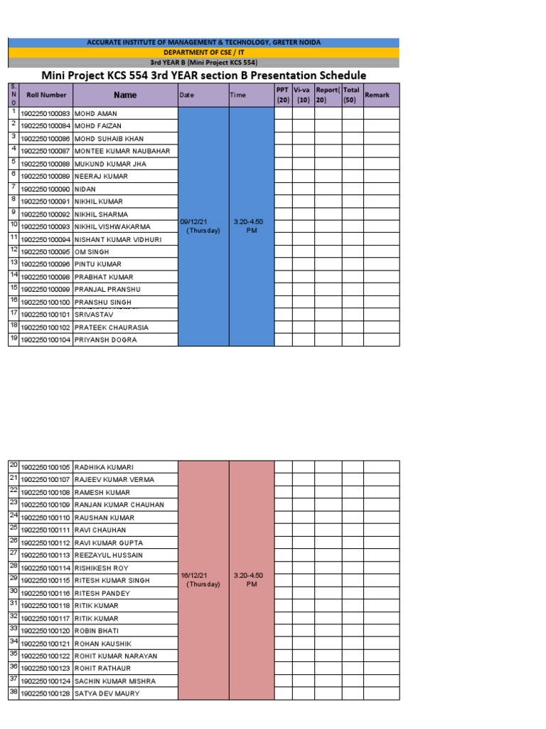 3rd Year - B - CSE&IT Mini Project KCS 552 Schedule | PDF