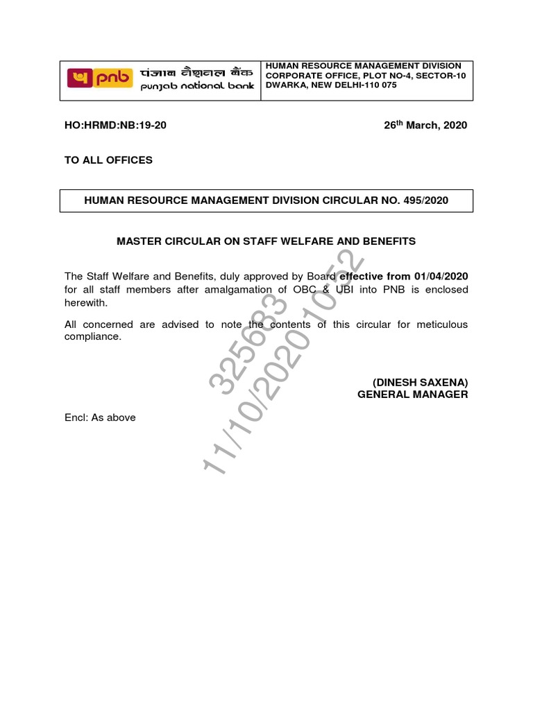 PNB Staff Welfare and Benefits Circular 2020 | PDF | Salary | Banks