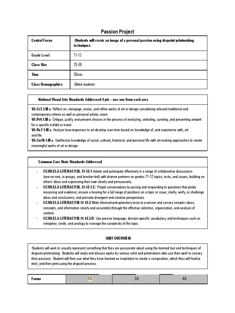 Passion Project Unit Plan | PDF | Printmaking | Teachers