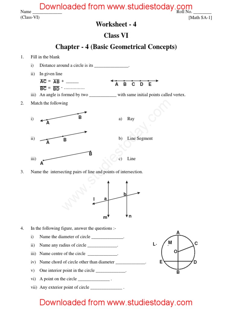 CBSE Class 6 Mathematics Basic Geometrical Ideas Worksheet Set A | PDF ...