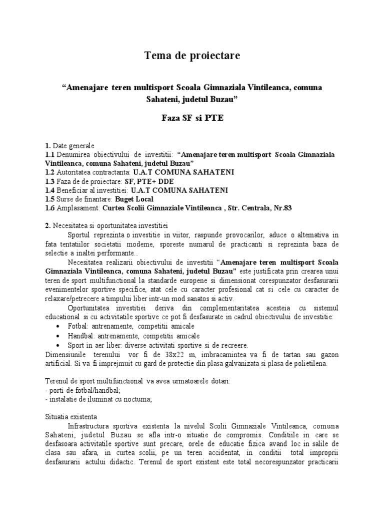 Tema de Proiectare-Teren de Sport Vintileanca | PDF
