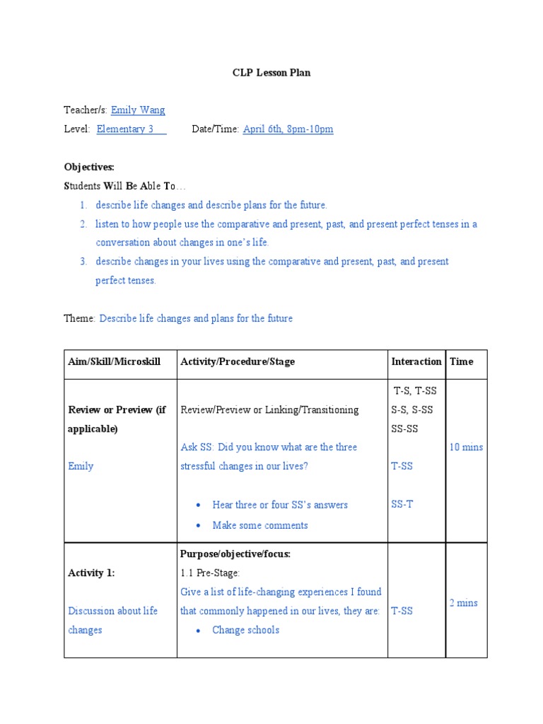Teacher/s: Level: Date/Time:: CLP Lesson Plan | PDF | Human ...