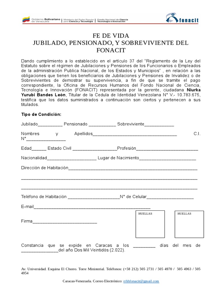 FORMATO DE FE DE VIDA EDITABLE 2022 Fonacit | PDF
