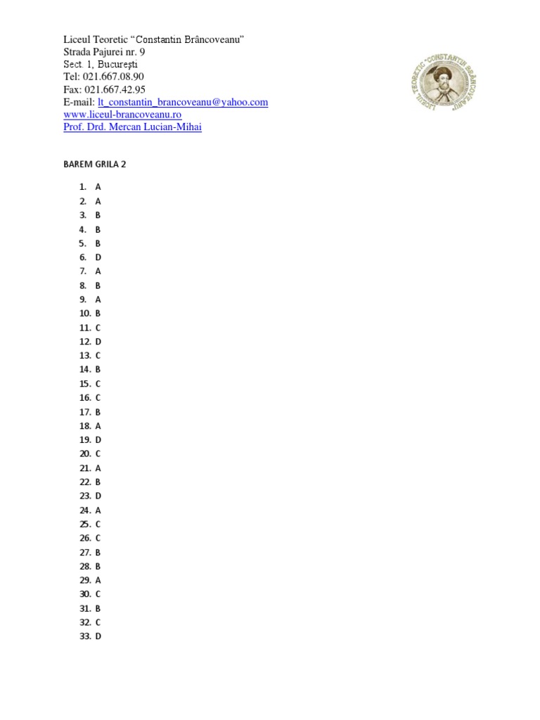 Answer Key for a 100 Question Multiple Choice Test from Constantin ...