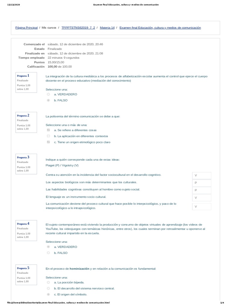 Examen Final Educación, Cultura y Medios de Comunicación Completo | PDF ...