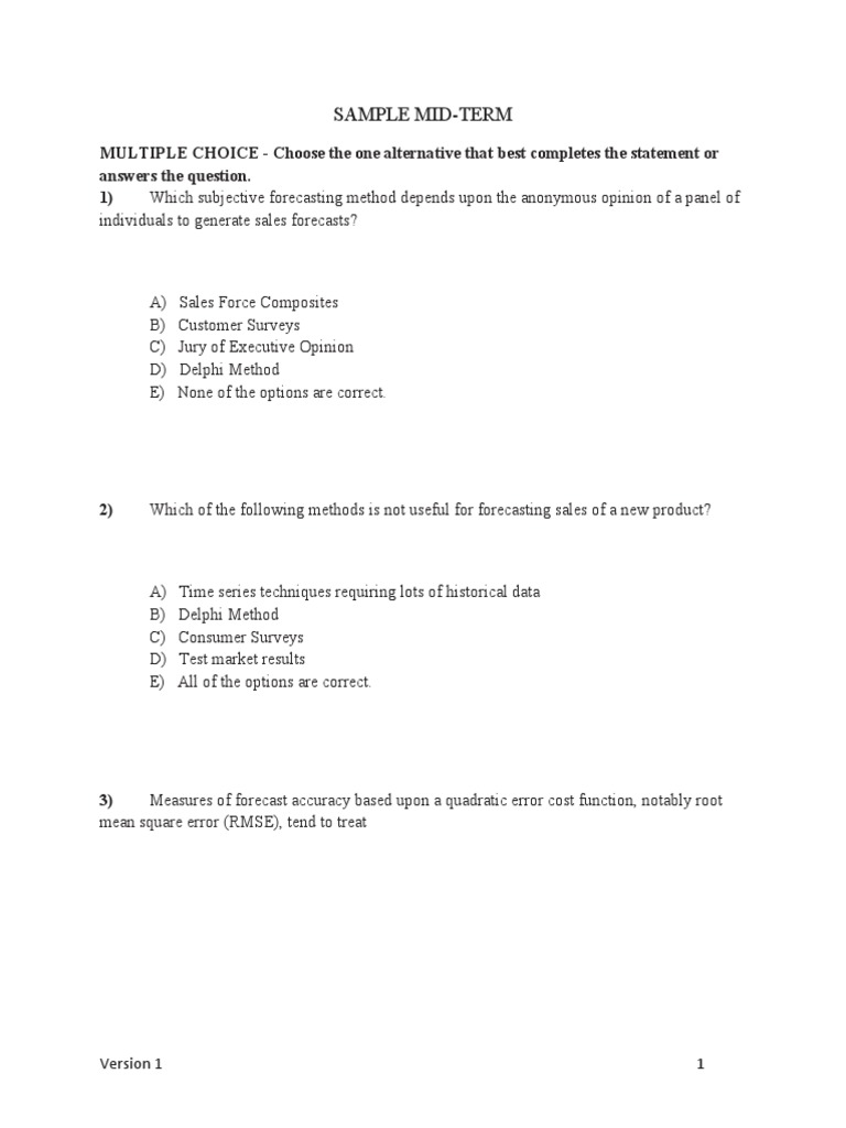 Sample Midterm Forecasting With Key | PDF | Forecasting | Errors And Residuals