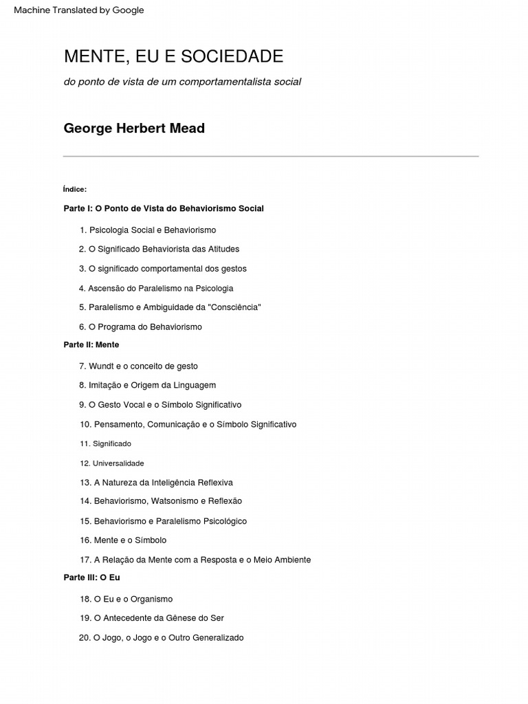 MEAD, George H. Mind, Self and Society (Traduzido) | PDF | Psicologia ...
